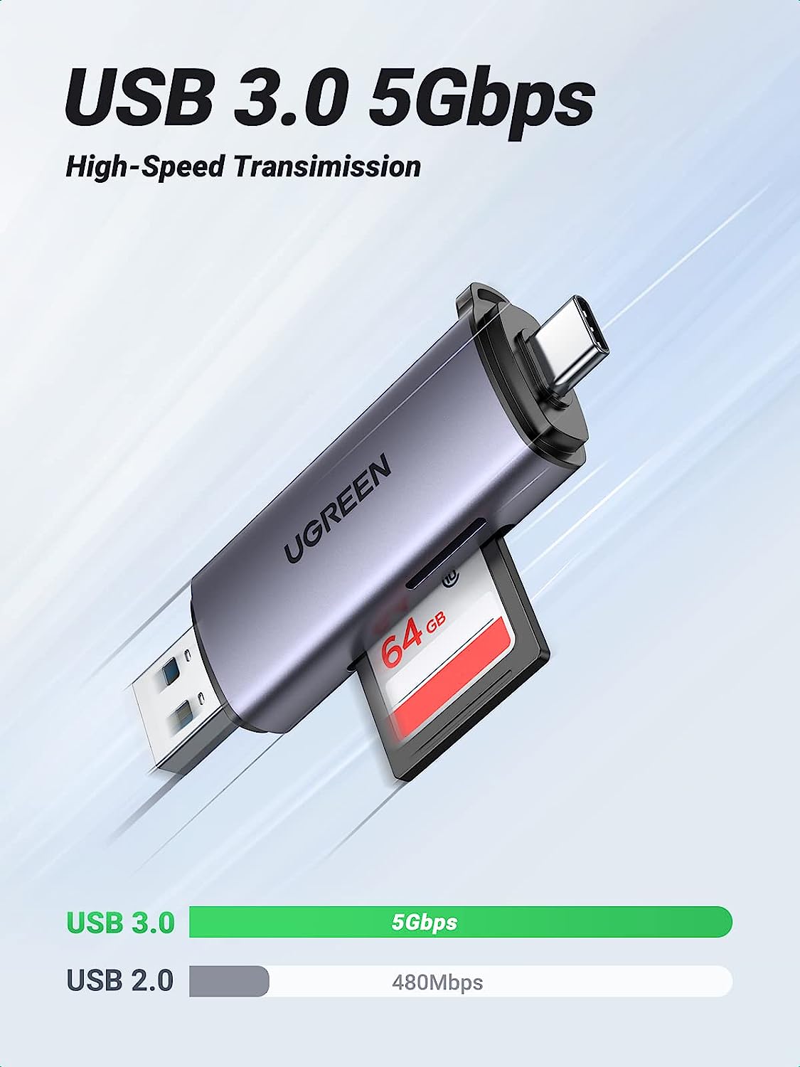 Ugreen USB-C +USB 3.0 TF/SD Card Reader. USB Type C 3.1 Gen 1 Male data ...